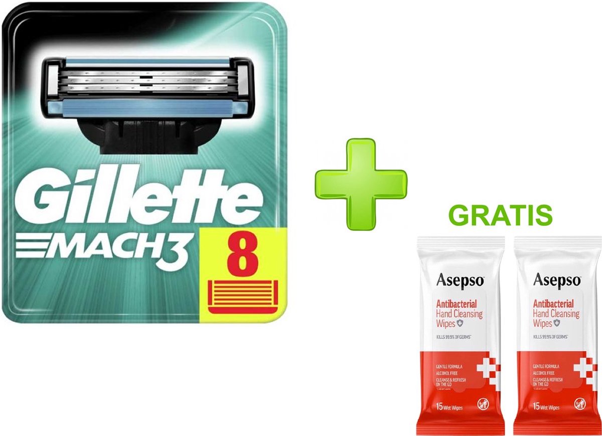 Gillette Mach3 scheermesjes – 8 Stuks/navulmesjes + 2 x 15 stuks Asepso ...