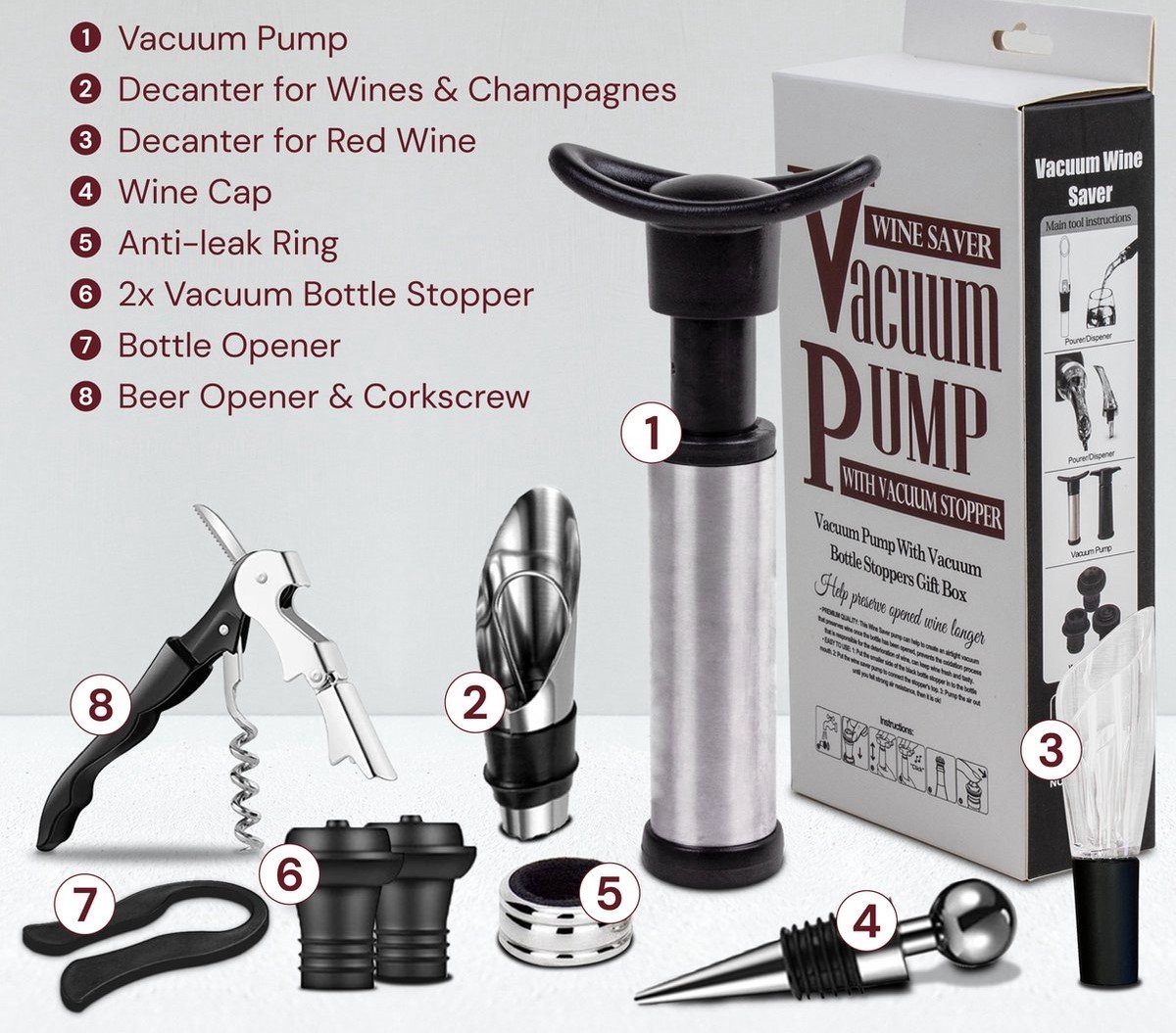 7-delige Set - Wijnflesstoppers - Wijnopener - Vacuumpomp ...