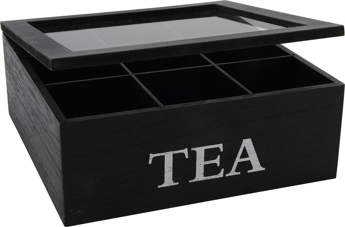 2x stuks bamboe houten theedoos/theekist zwart met glazen deksel 9-vaks ...