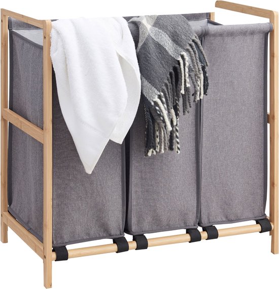 ACAZA Wasmand - Wassorteerder met 3 Vakken - Stof / Bamboe - Grijs ...
