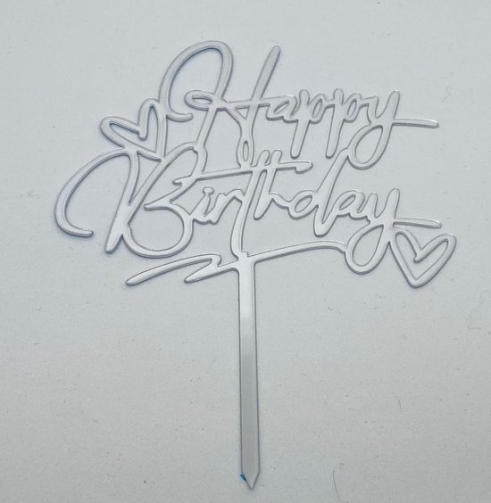 Taarttopper Zilver Happy Birthday Verjaardag Hartjes Jarig Feest Tiener 0950