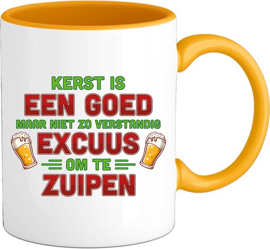 Kerst een goed excuus om te zuipen - foute bier kersttrui - Mok - Geel ...