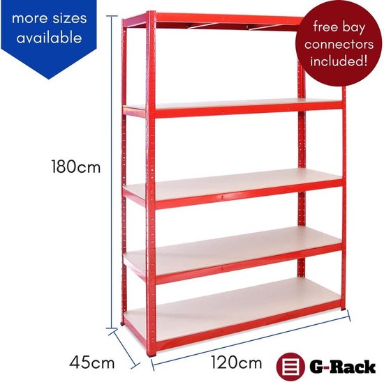 G-Rack rekken voor zwaar gebruik, 1 rode opslagplank 5 vakken - voor ...