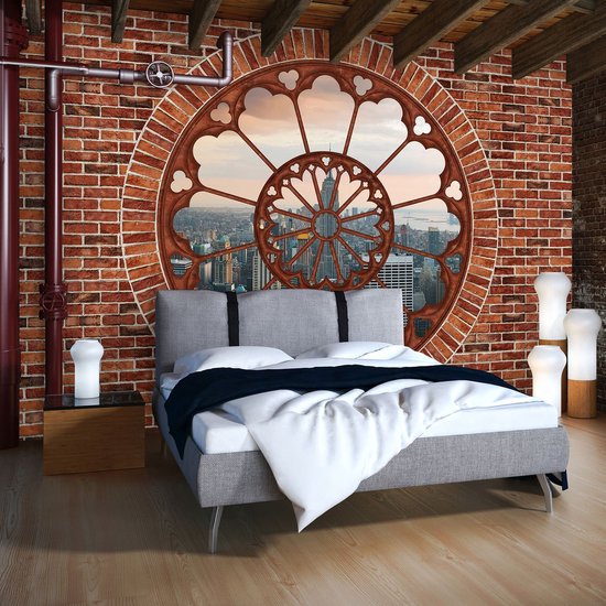 Fotobehang - Vlies Behang - 3D Uitzicht op New York Stad door Rond Raam ...