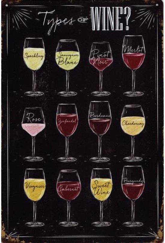 Metalen Wandbord wijn soorten types of wine - 20 x 30 cm | bol