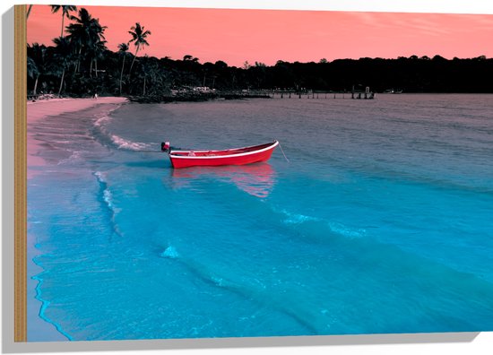 Hout - Rood Bootje aan de Kust bij Palmbomen - 75x50 cm - 9 mm dik ...