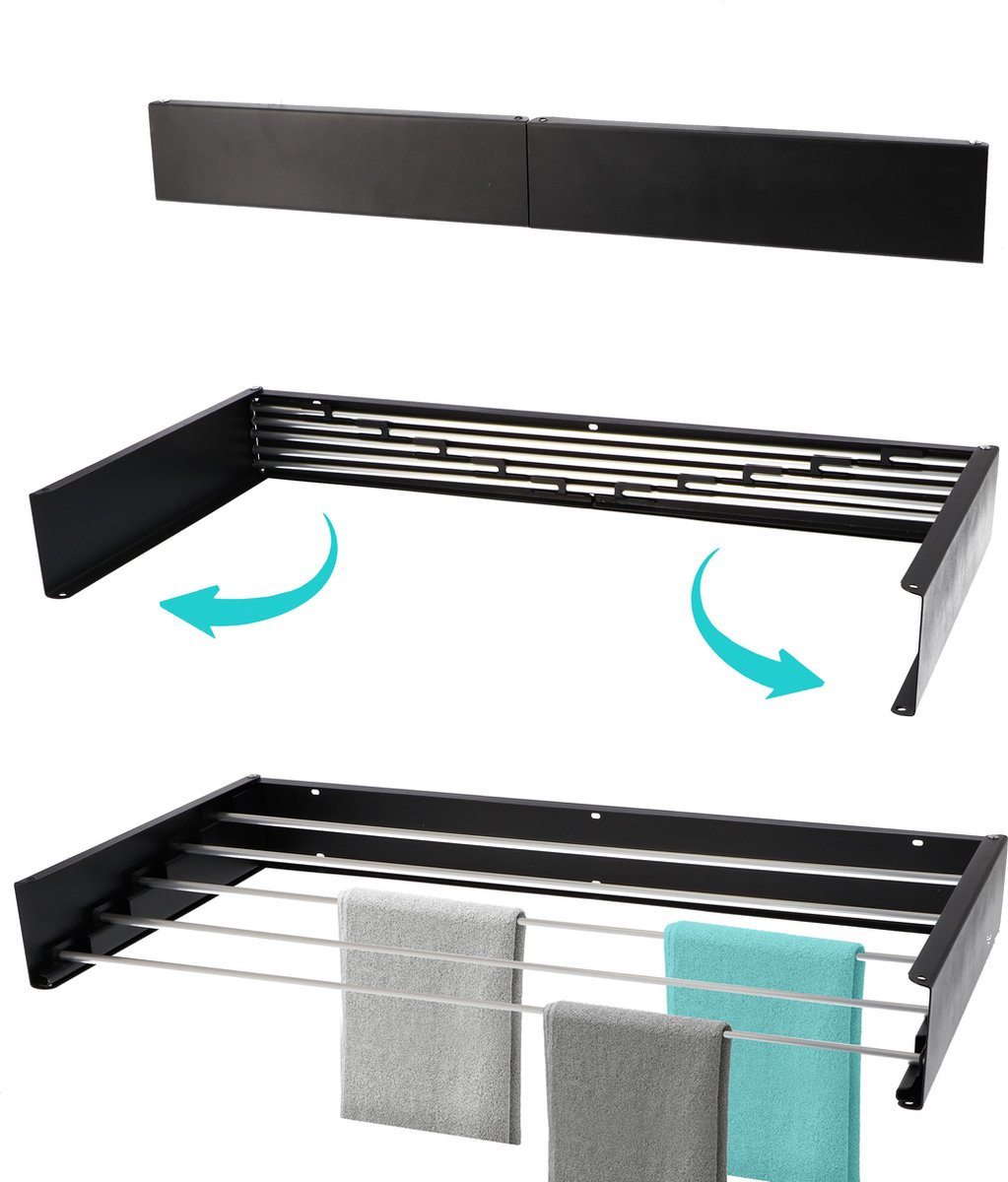 KROMS Wanddroogrek Zwart 100 cm - MET BOORMAL - Droogrek Inklapbaar ...