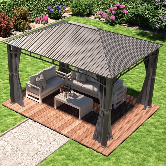 Tuinpaviljoen 3x4 m hardtop stalen dak, 4 zijwanden grijs, profiel ...