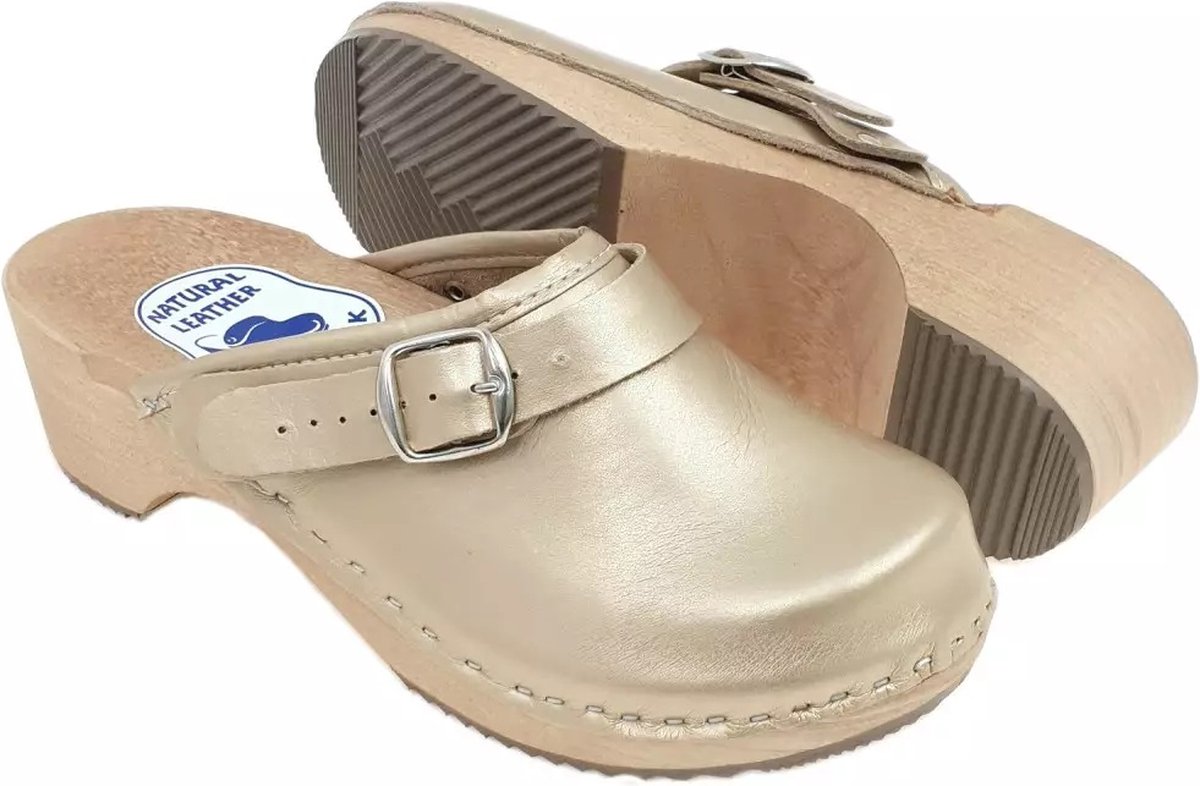 Zweedse Klompen ‘Dallund’ Echt Leer Goudkleurig - Elzenhouten zool maat ...