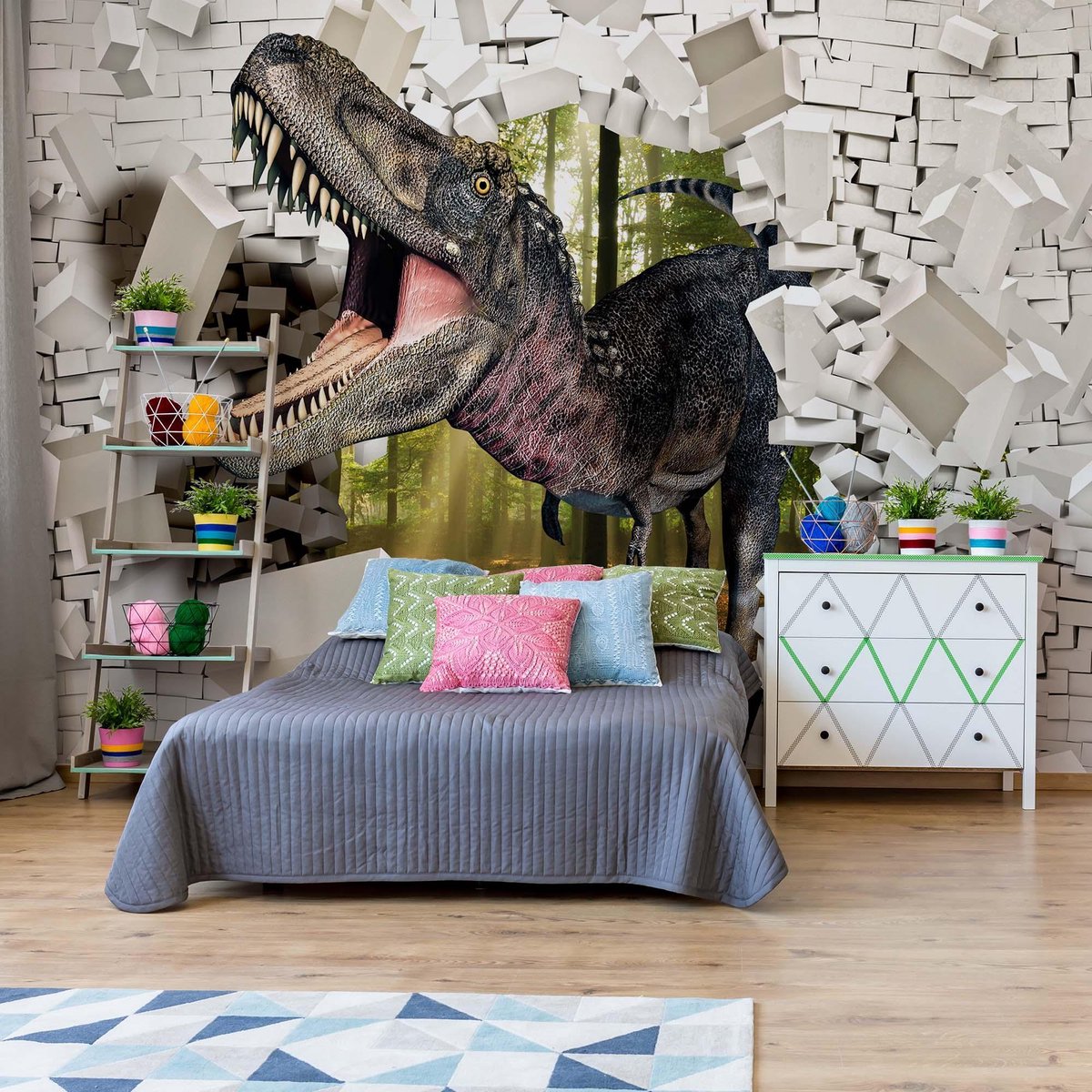 Fotobehang - Vlies Behang - Dinosaurus door de Stenen Muur 3D - Dino ...