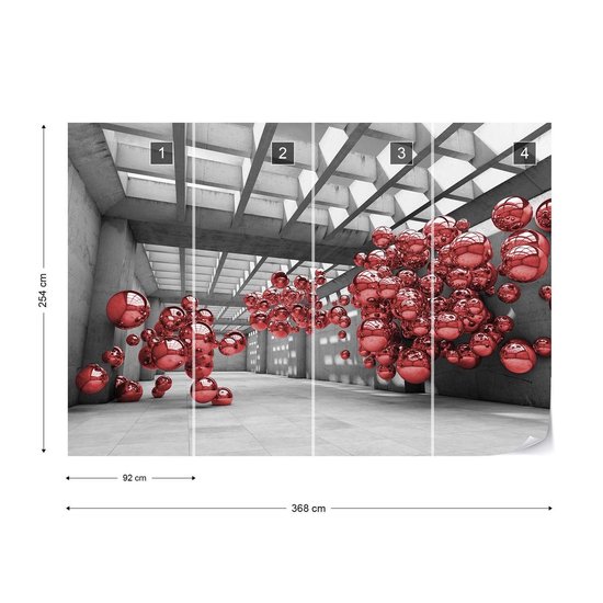 Fotobehang - Vlies Behang - Industriële 3D Ruimte met Rode Ballen ...