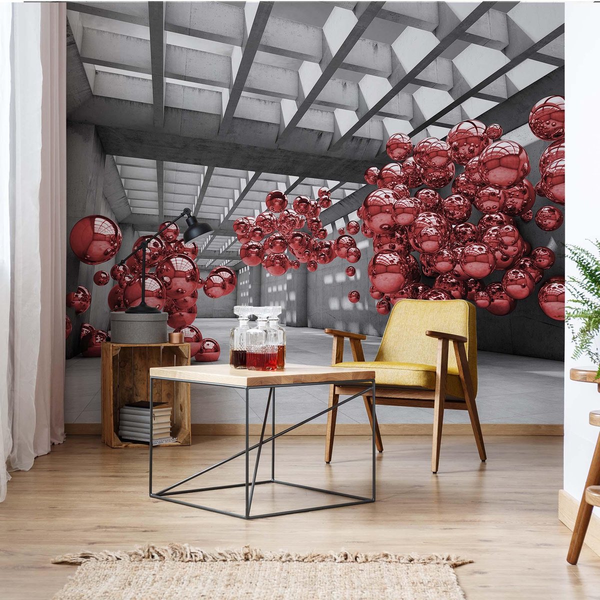 Fotobehang - Vlies Behang - Industriële 3D Ruimte met Rode Ballen ...