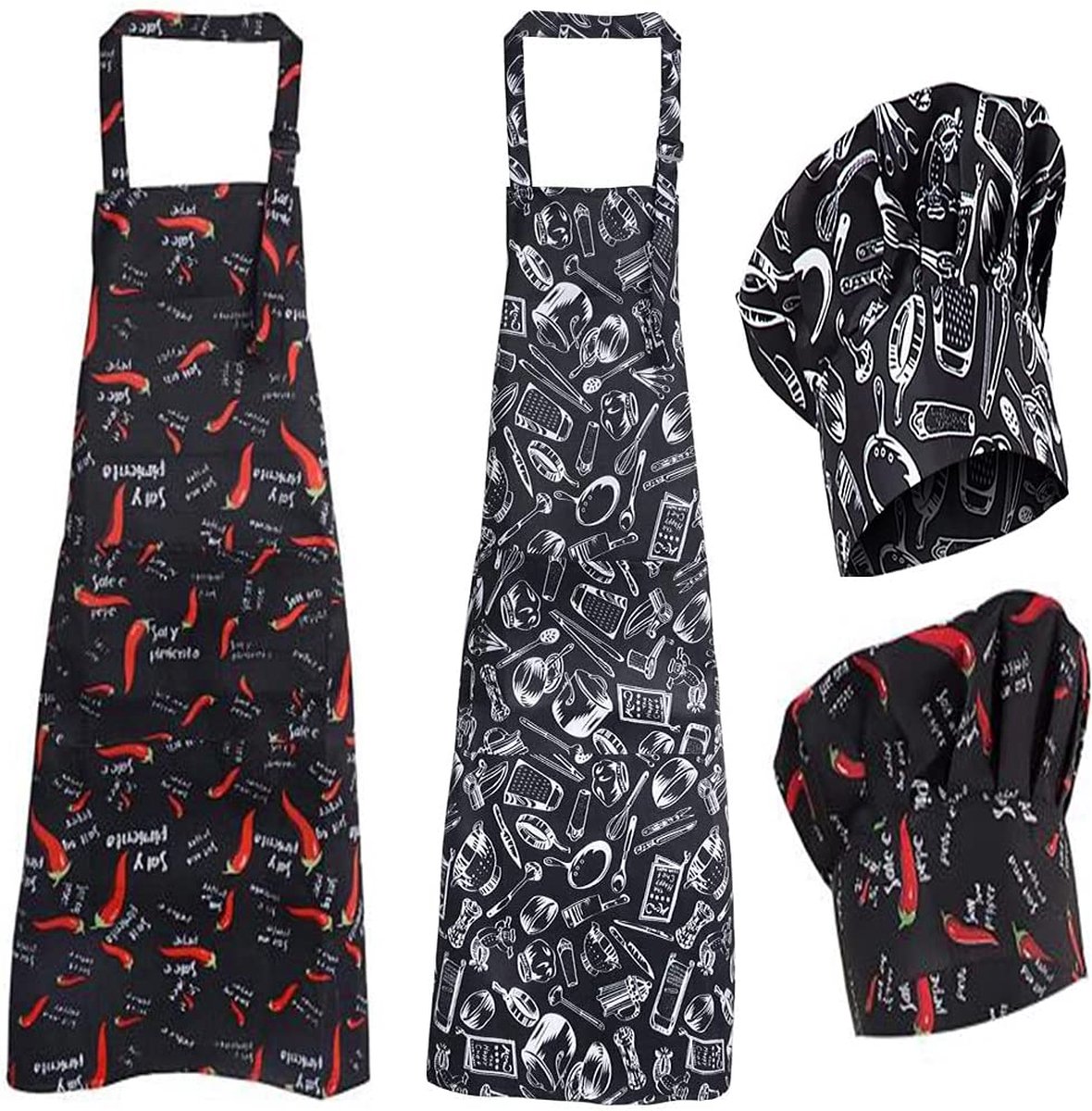 Unisex kookschort met kookmuts verstelbaar chili-patroon schort met ...