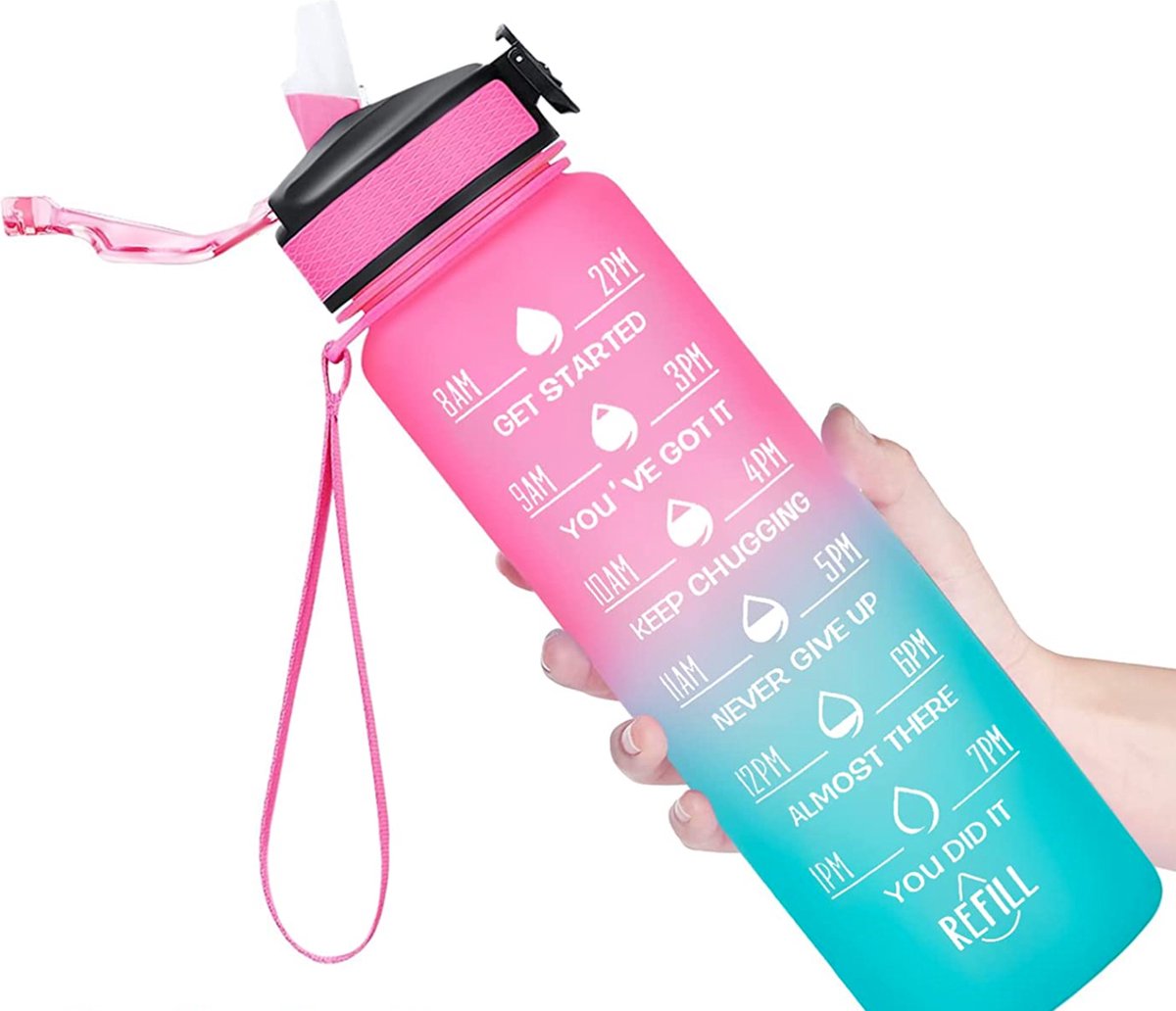 Motivatie waterfles - roze/turquoise - 1 liter drinkfles - waterfles ...