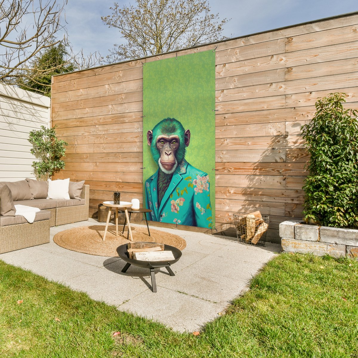 Schuttingposter Aap - Colbert - Bloemen - Neon - Portret - 100x200 cm - Tuindoek | bol.com