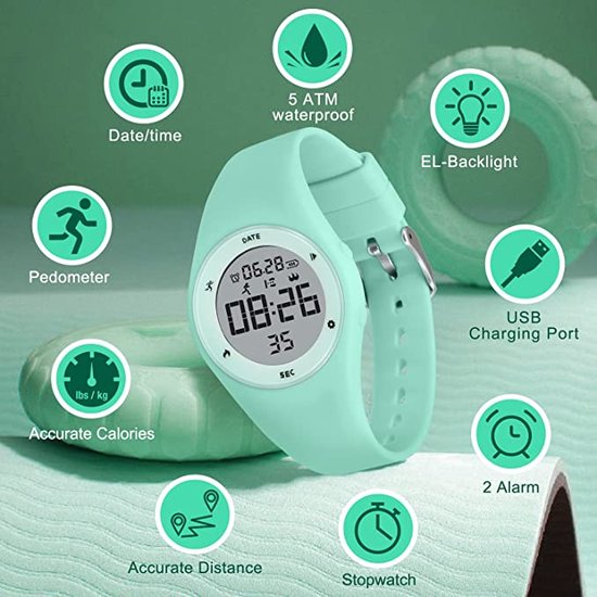 Smartwatch Kinderen - Stopwatch - Stappen - Waterdicht - Mint | bol