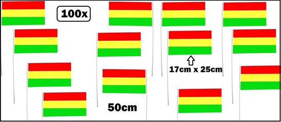 100x Vlaggetje op stok rood/geel/groen 17cm x 25cm - Lengte stok 50cm ...