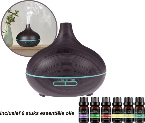 Aroma Diffuser Inclusief 6 x Essentiële olie - Donkerbruin - 7 LED ...