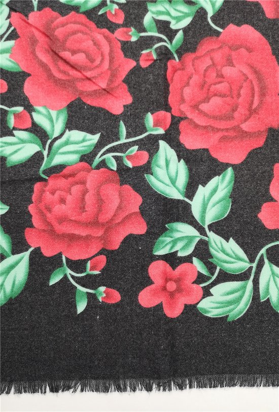 Lange warme dames sjaal Eliana gebloemd motief zwart rood groen ...