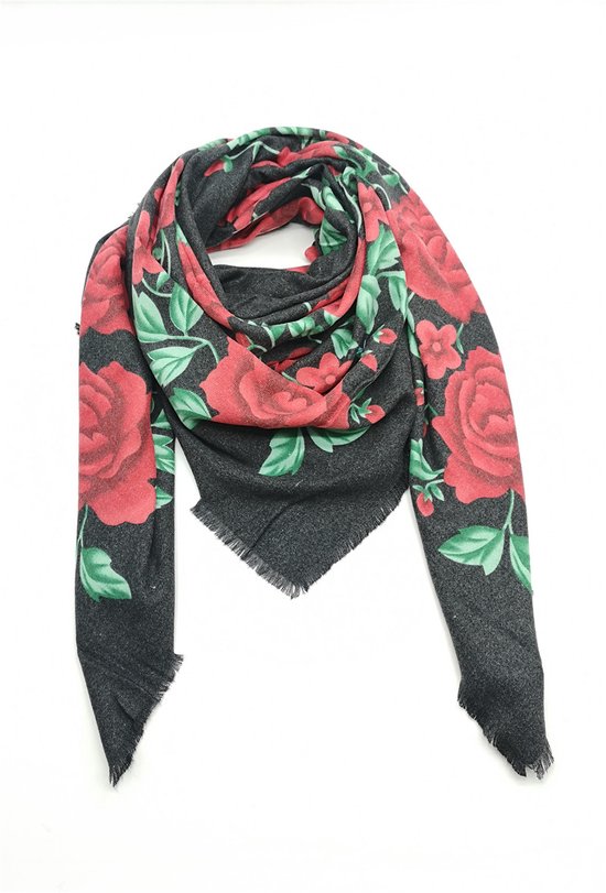 Lange warme dames sjaal Eliana gebloemd motief zwart rood groen ...