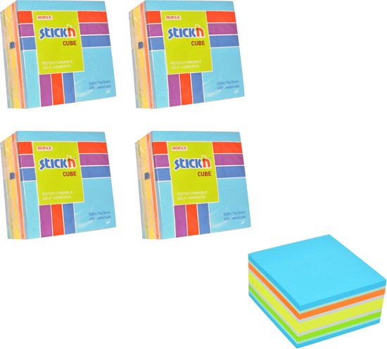Stickn Kubus Sticky Notes 4 Pack 76x76mm Neon Pastel Mix Blauw