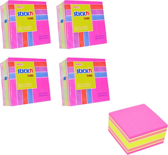 Stick'n Kubus sticky notes - 4 pack - 76x76mm, neon/pastel mix roze ...