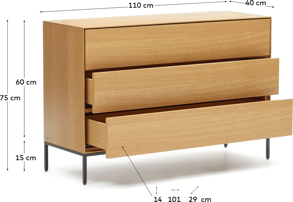 Kave Home - Vedrana ladekast met 3 laden in eikenfineer met zwarte ...