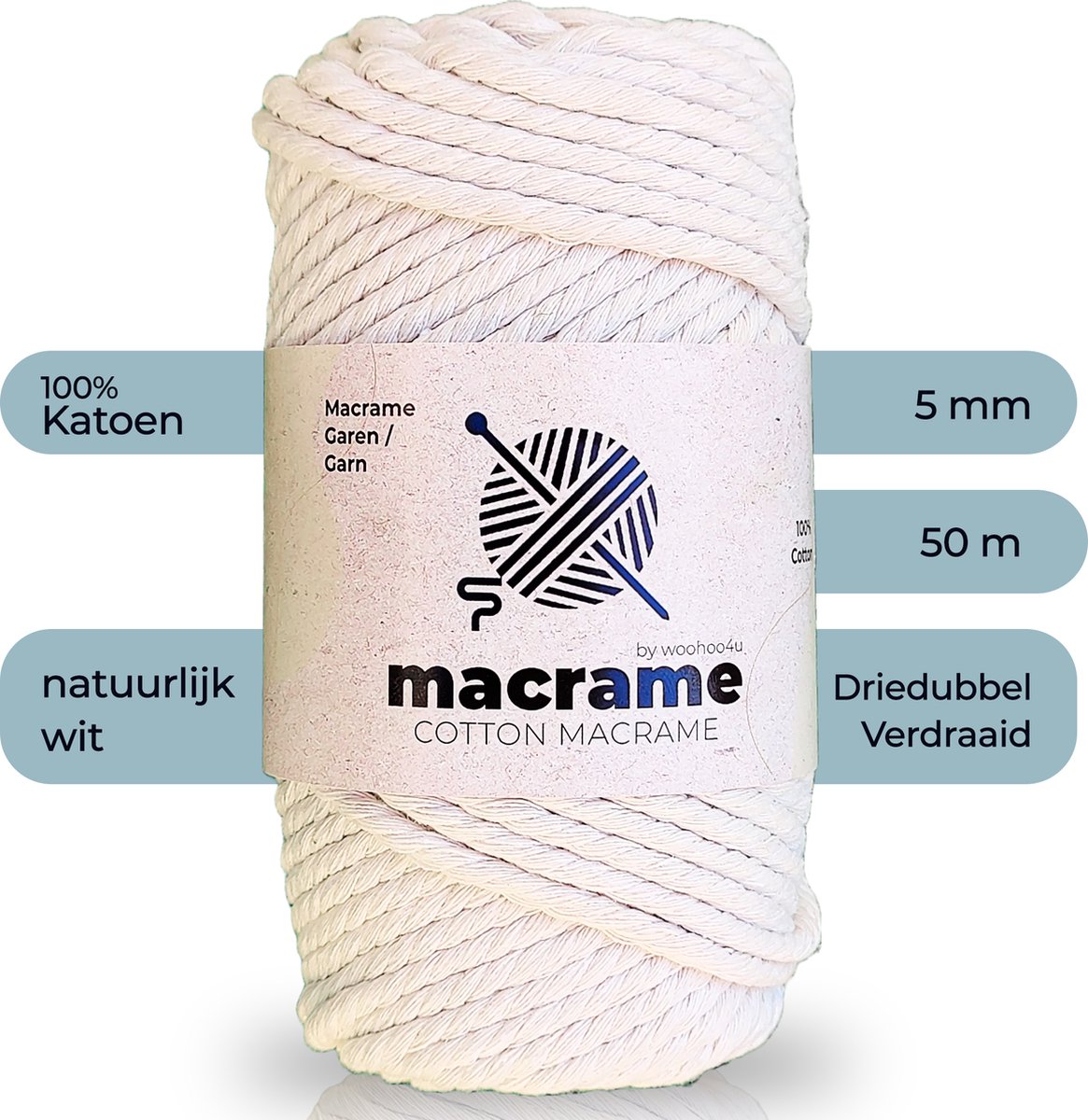 woohoo4u® Premium Macrame Touw - 5mm x 50M - Zacht en drievoudig ...