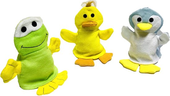Set van 3 washandjes bestaande uit eend, pinguïn, kikker, washandje en ...