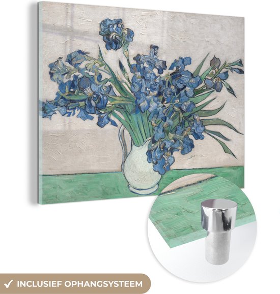 MuchoWow® Glasschilderij 80x60 cm - Schilderij acrylglas - Vaas met Irissen - Vincent... | bol