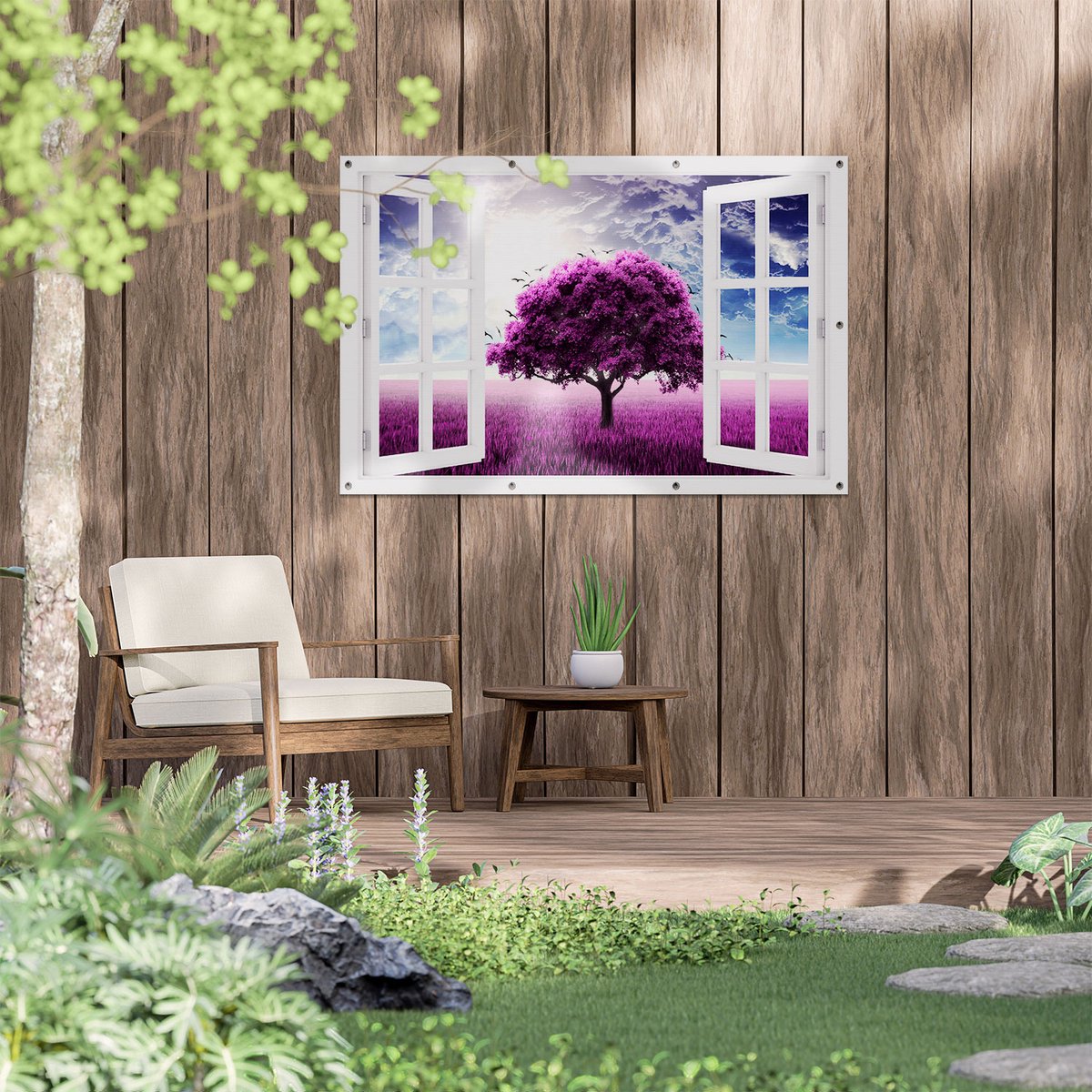 Gards Tuinposter Doorkijk Paarse Boom in het Paars Veld met Vogels ...