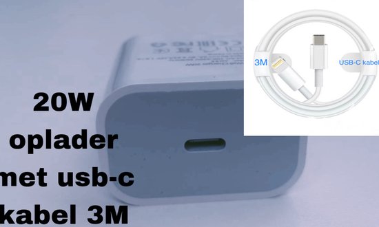 iPhone oplader - 20W USB-C Snelle oplader inclusief 3meter oplaadkabel ...