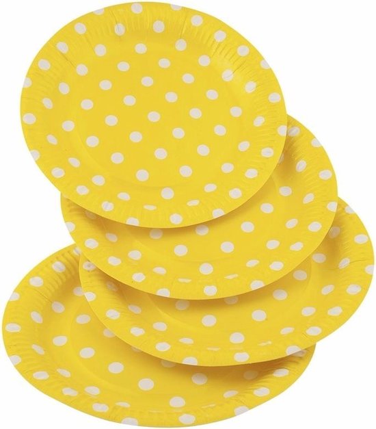 16x Assiettes jetables en carton jaune à pois blancs 23 cm - Articles ...
