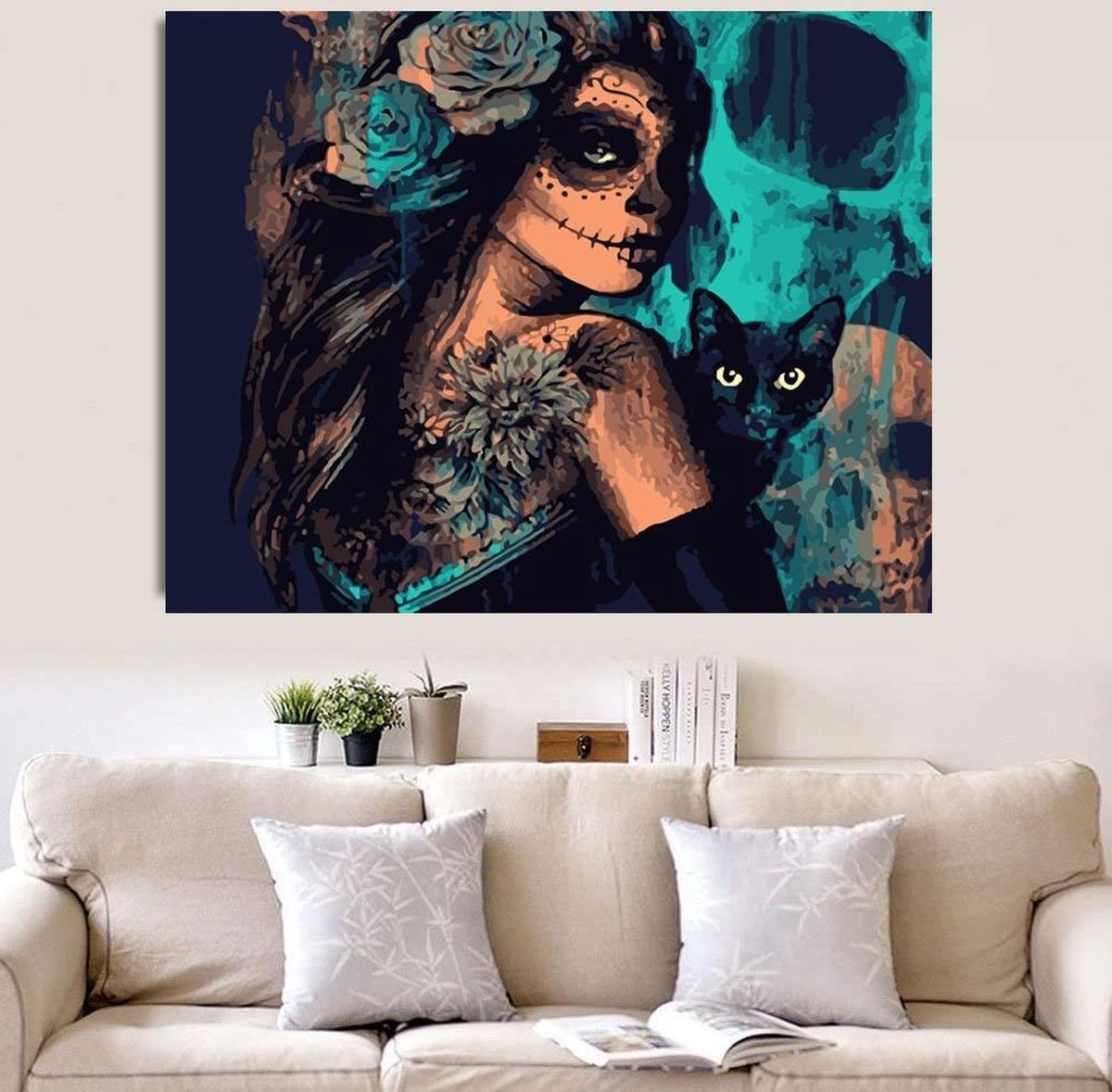 Schilderen Op Nummer Volwassenen Schedel Vrouw Met Kat – 50x40 cm ...