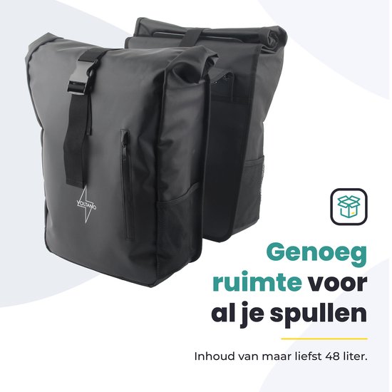 Voltano Dubbele Fietstas Rolltop - Zwart - 48 Liter - 100% Waterdicht ...