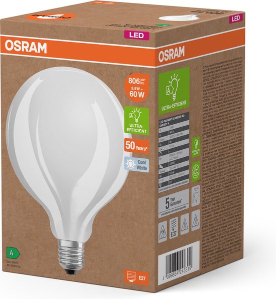 OSRAM LED Superstar Classic Globe LED-lamp G 95 in klassieke bolvorm van matglas, 3,8... | bol