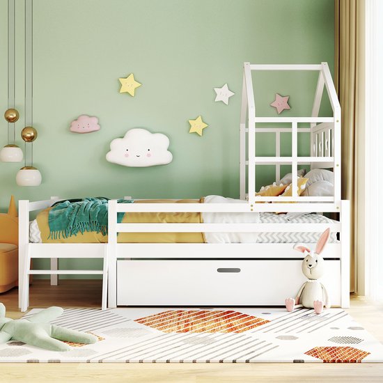 KOMHTOM Kinderbed 90x200cm met ladder en lades Mezzanine bed in massief ...