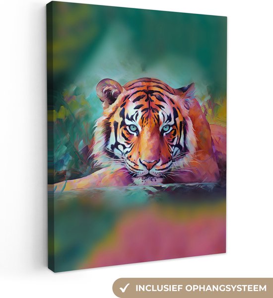 Canvas schilderij 30x40 cm - Wanddecoratie Tijger - Olieverf - Dieren - Kunst -... | bol