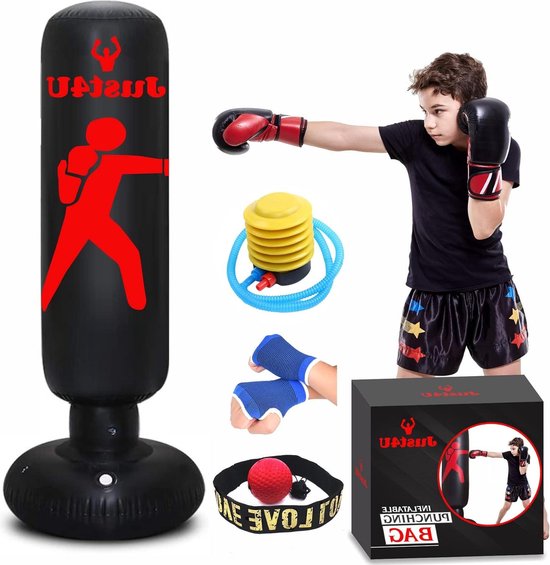Free Standing Inflatable Punching Bag with Reflex Ball - Hand Wraps ...