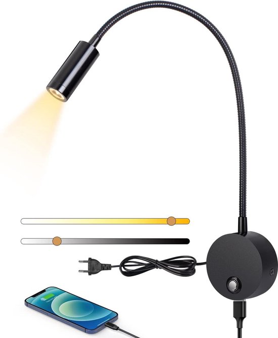 Wandlamp met schakelaar en USB oplaadpoort - Touch dimbare LED leeslamp ...