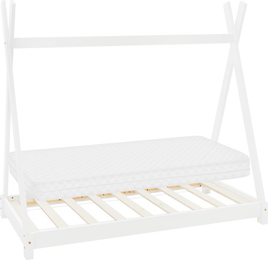 Kinderbed Tipi 70x140 cm wit gemaakt van dennenhout incl. matras H-10cm ...