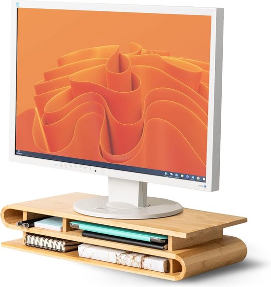 Bamboo Curved Monitor Stand for Desk without Mounting - Laptop Stand ...
