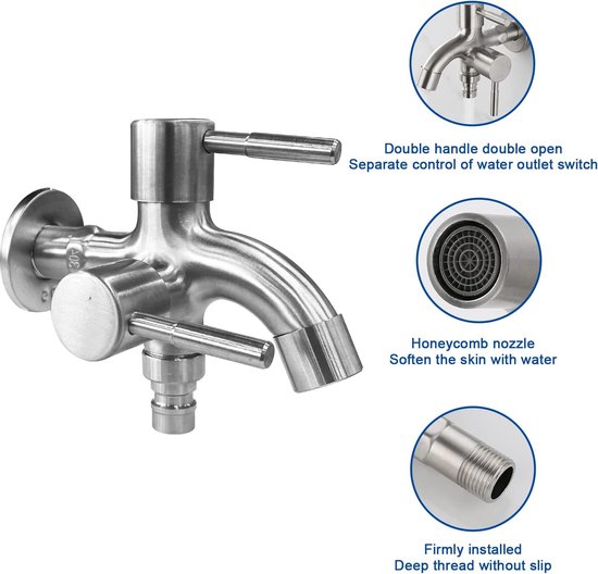 1/2 inch dubbele waterkraan, universeel, dubbele kraan, roestvrij staal ...