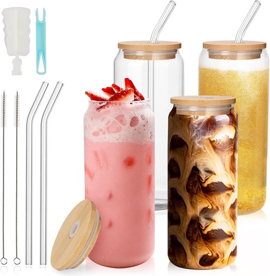 Glazen Set van 4 voor Cocktail - 660ml/22oz - met Deksels en Rietje - Bierglas... | bol