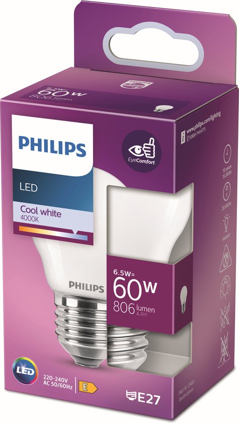 Philips LED Kogellamp Mat - 60 W - E27 - koelwit licht | bol