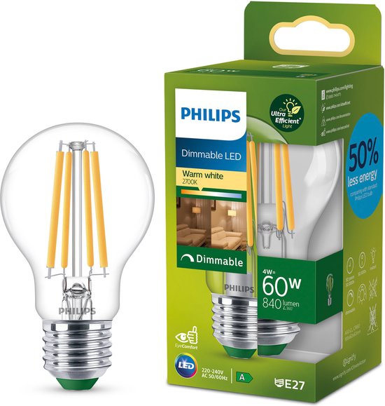 Philips Ultra Efficient LED lamp Transparant - 60 W - E27 - Dimbaar warmwit licht -... | bol
