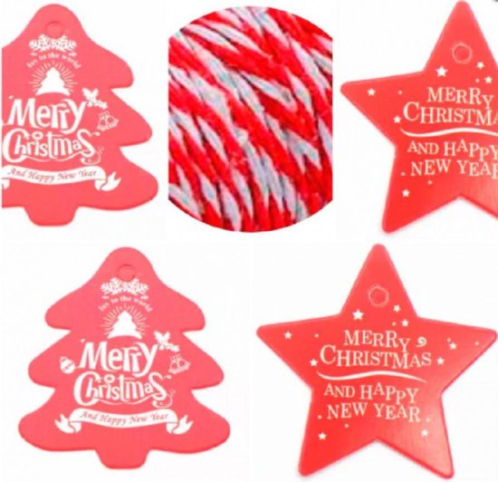 10 Hangkaartjes- Kerst- met touw-Rood- Boompje- Ster- Cadeau ...