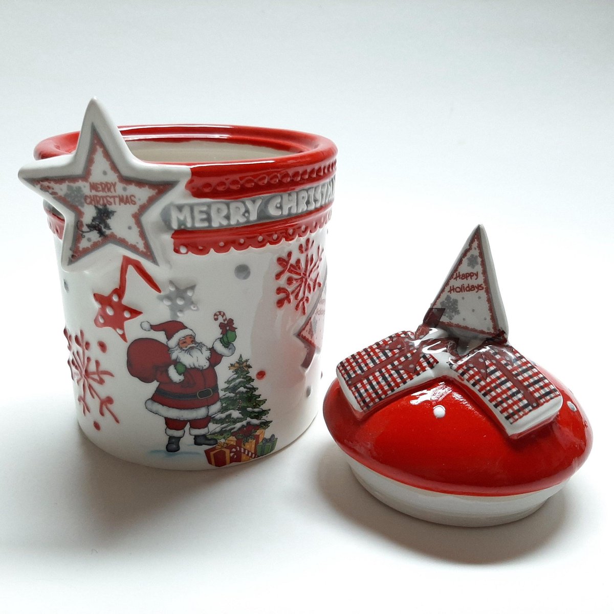 Pot de Noël rouge avec le Père Noël, l'étoile de Noël et joyeux Noël ...