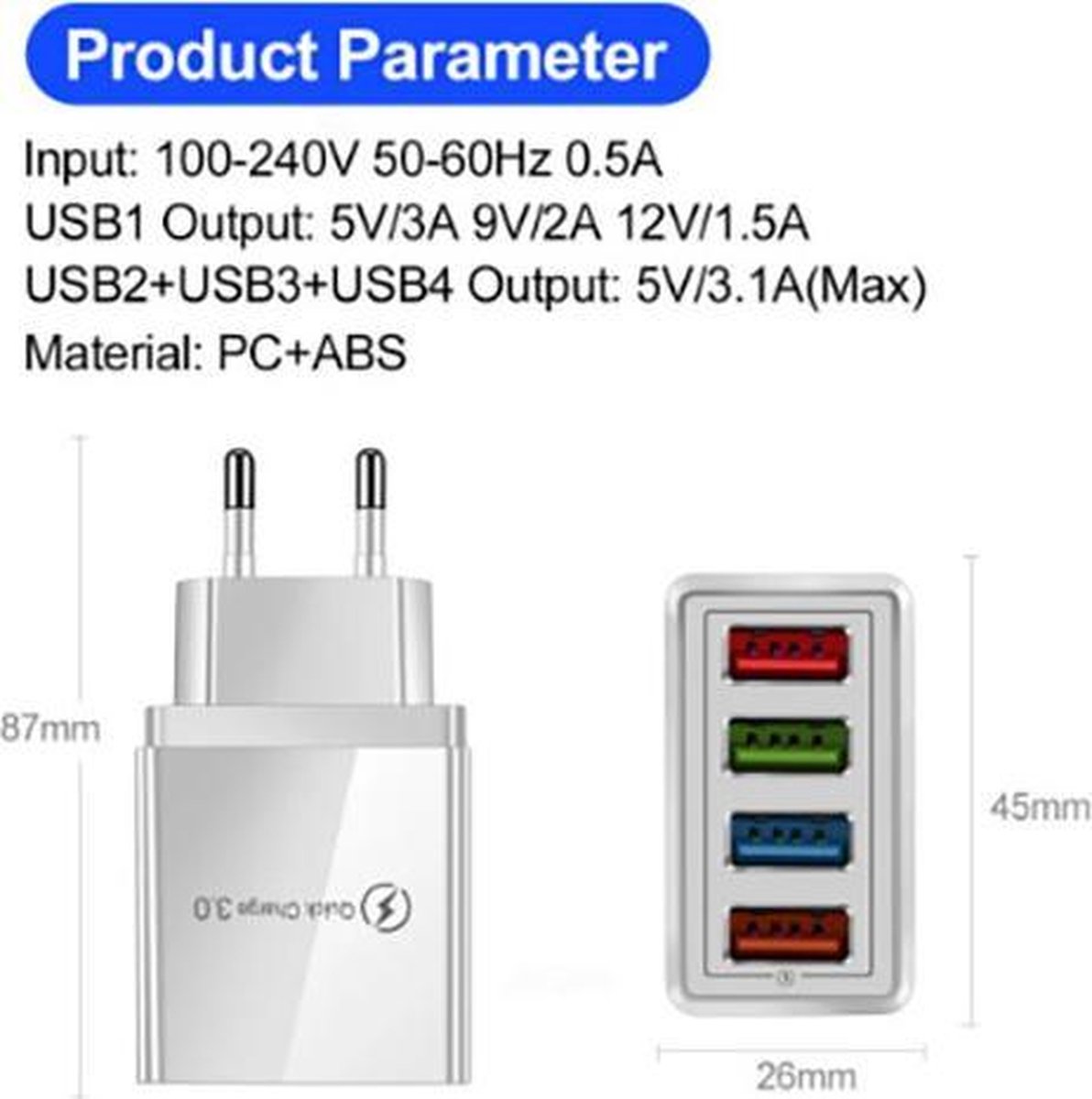 USB Lader 4 in 1 met snel laad poort - USB Snellader - USB Stekker ...