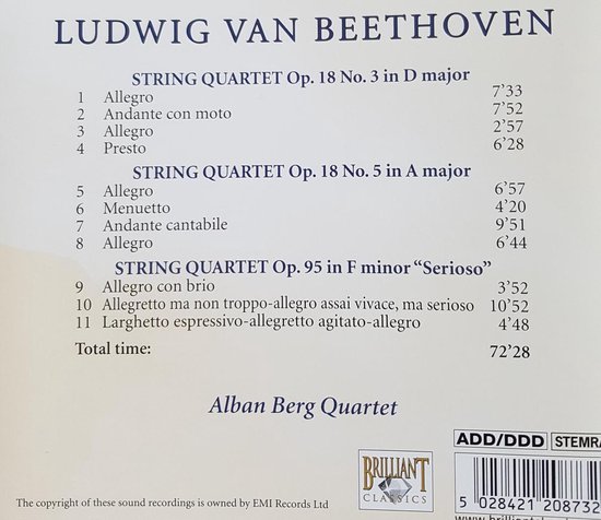 Beethoven - String Quartets Op.18 no 3 / OP 18 NO 5 / OP 95, Beethoven/ Alban Berg... | bol